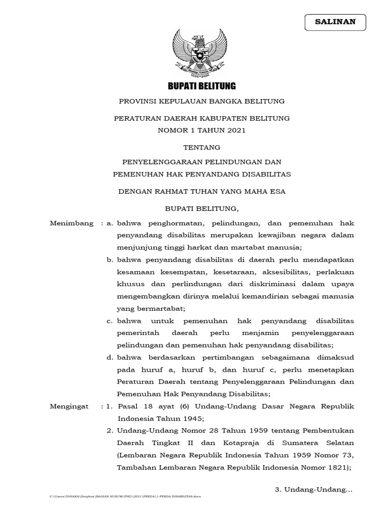 1 Perda Belitung Disabilitas | PDF