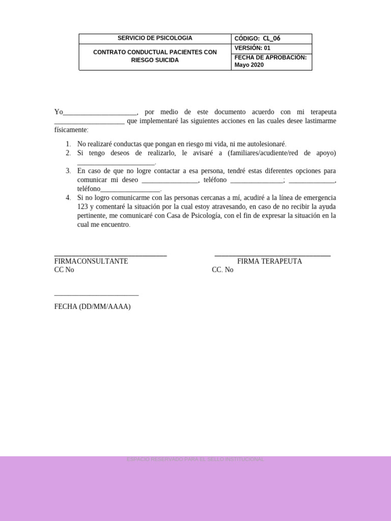 Contrato Conductual Pacientes Con Riesgo Suicida | PDF