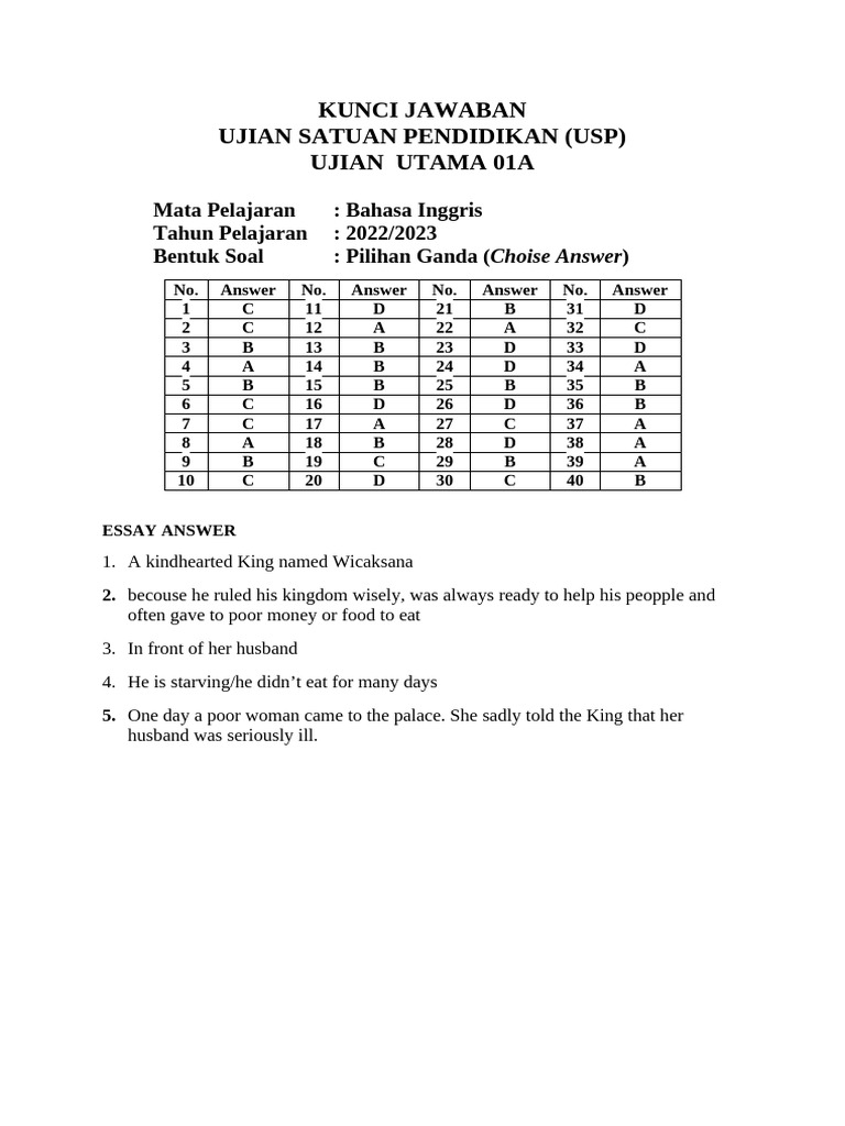 Kunci Jawaban Soal Utama Usp 01a - Bahasa Inggris | PDF
