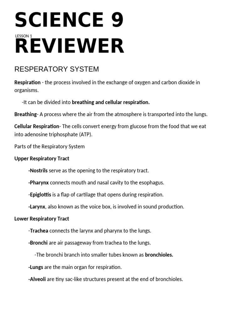 Science 9 Reviewer 1 | PDF | Respiratory Tract | Respiratory System