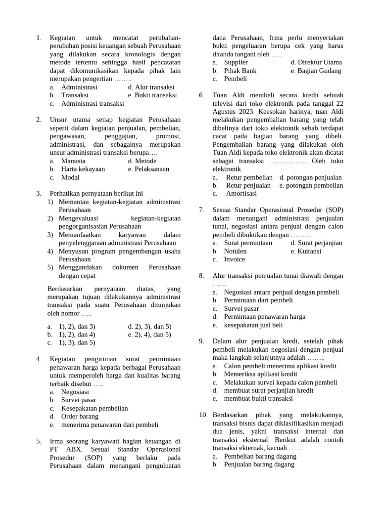 Soal Adm Transaksi Pas KLS Xi | PDF