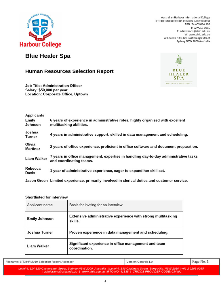 Selection Report Template | PDF | Recruitment