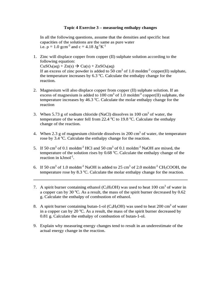 Topic 4 Exercise 3 - Measuring Enthalpy Changes | PDF