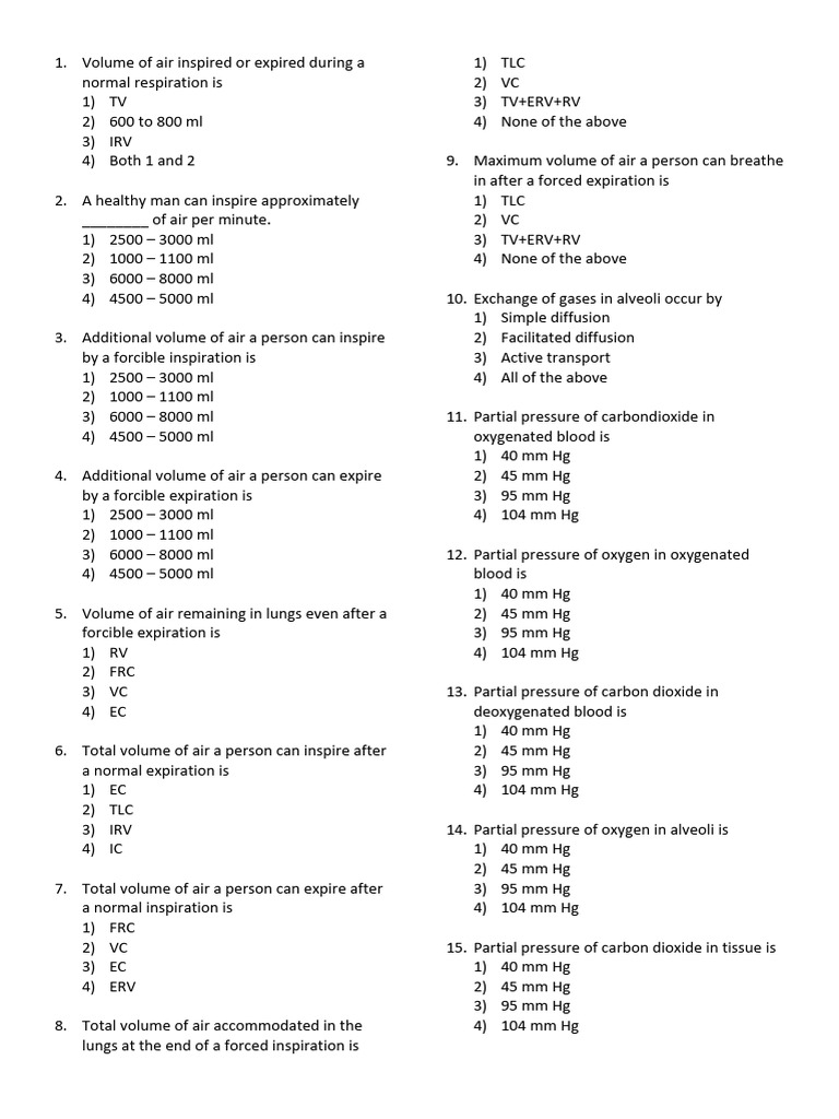 QUIZ Breathing and Exchange of Gases | PDF | Exhalation | Respiratory ...