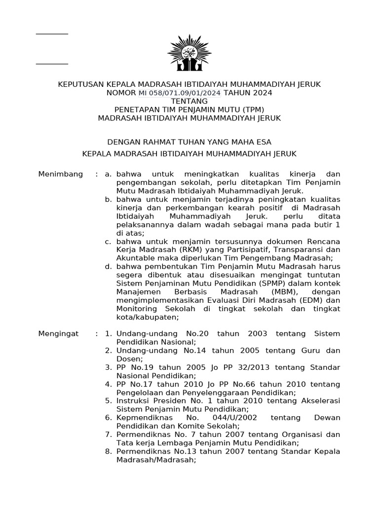 Contoh SK Tim Penjaminan Mutu - Kamimadrasah | PDF