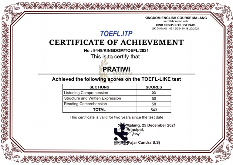 TOEFL Achievement Certificate - Malang | PDF