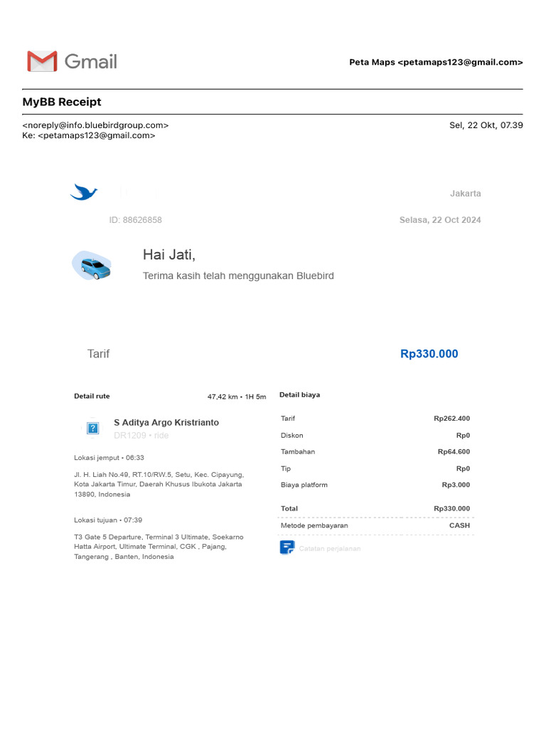 Bluebird Receipt: Jakarta Trip | PDF