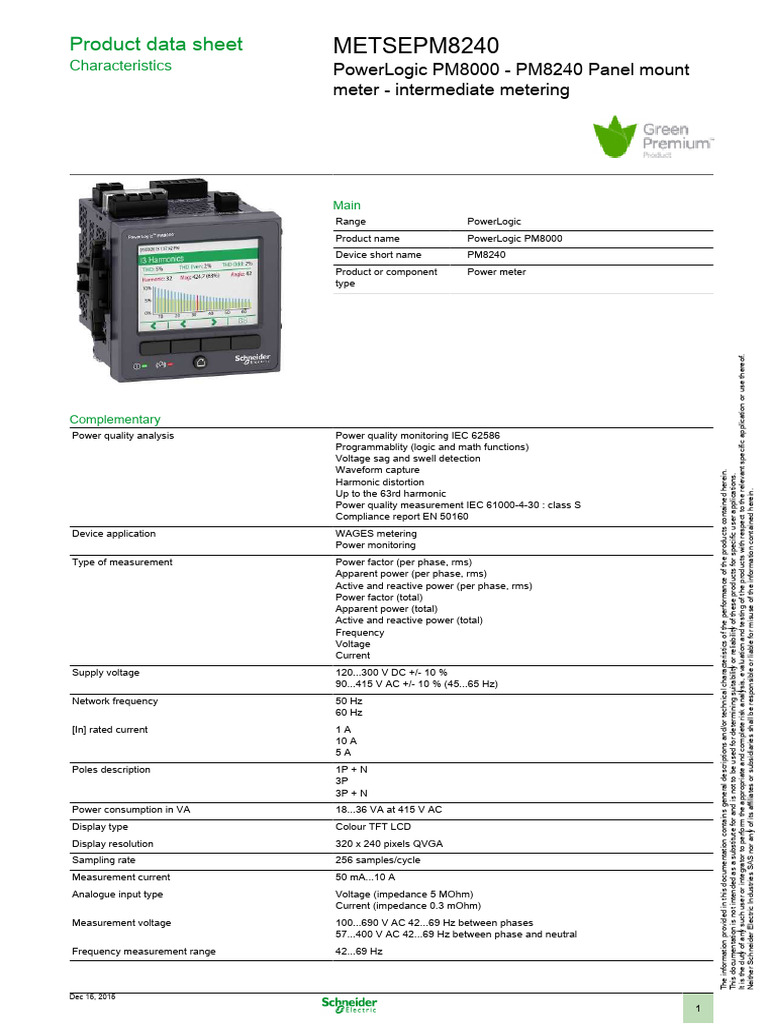 Schneider Power Analyser METSEPM 8240 Datasheet | PDF | Ac Power | Electronics