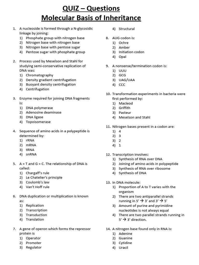 Quiz Molecular Basis of Inheritance | PDF | Rna | Dna