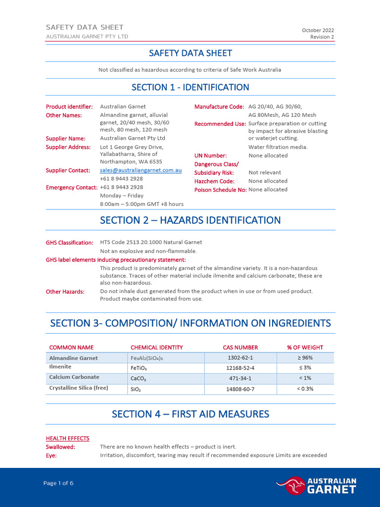 Australian Garnet Safety Data Sheet | PDF | Materials | Safety