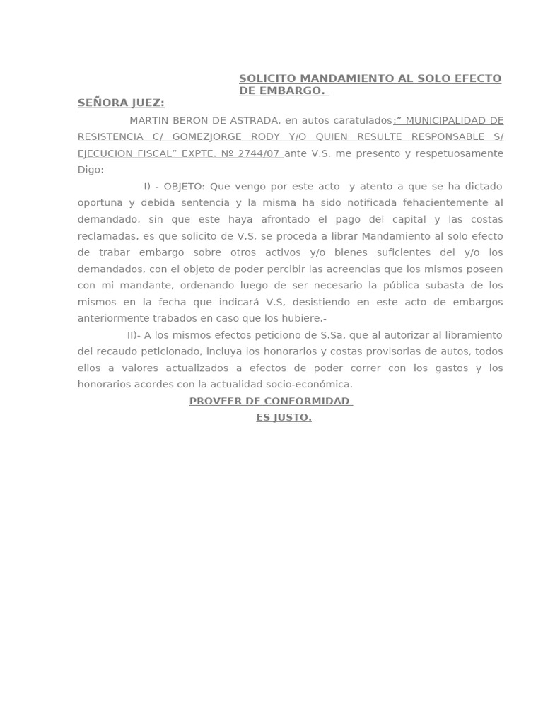 Solicito Mandamiento Al Solo Efecto de Embargo | PDF