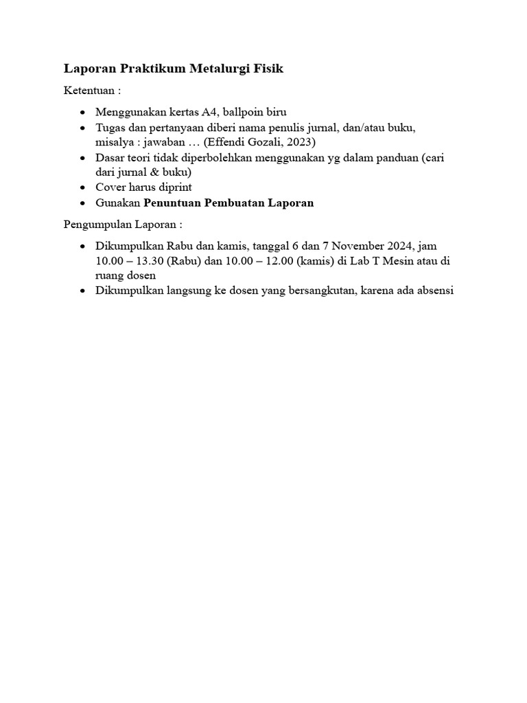 Aturan Tambahan Laporan Praktikum Metfis GSL 2024-2025 | PDF
