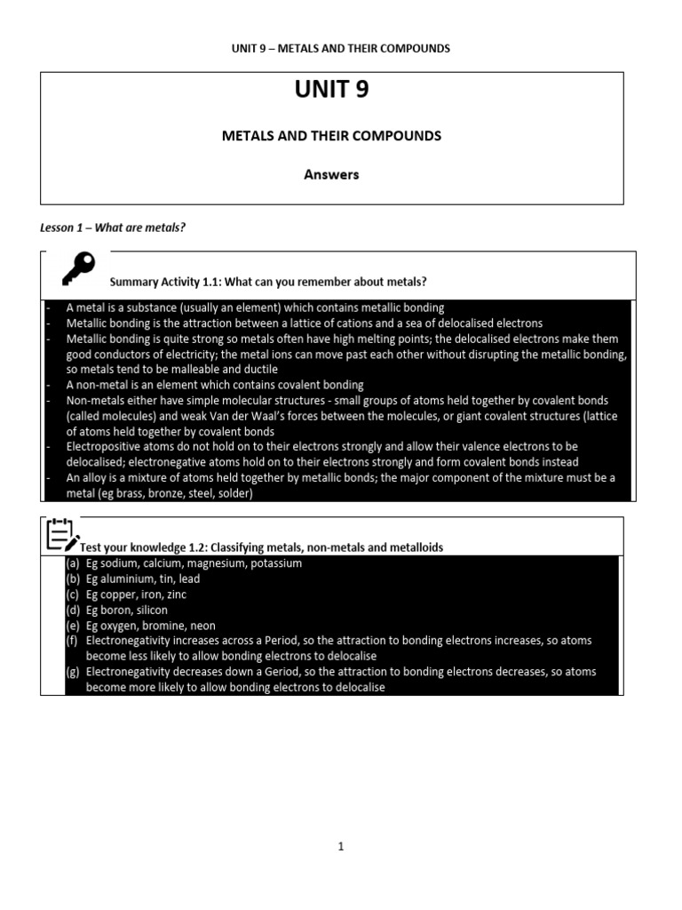 Unit 9 - Metals and Their Compounds Answers | PDF | Hydroxide ...