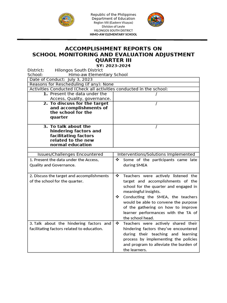 Himo-Aw Elementary School SMEA Report | PDF | Behavior Modification ...