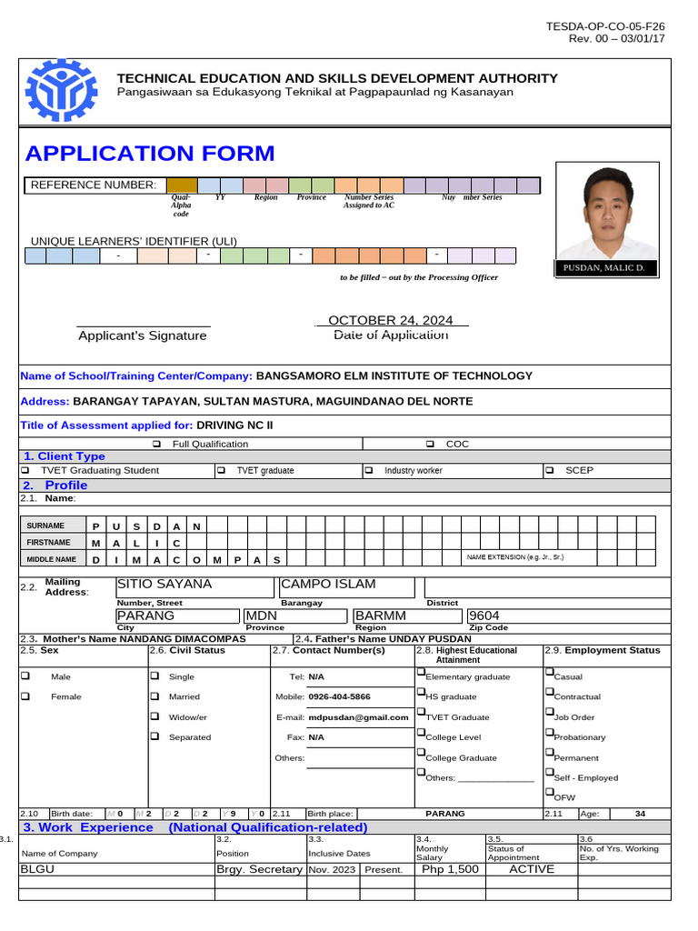 TESDA Application Form | PDF