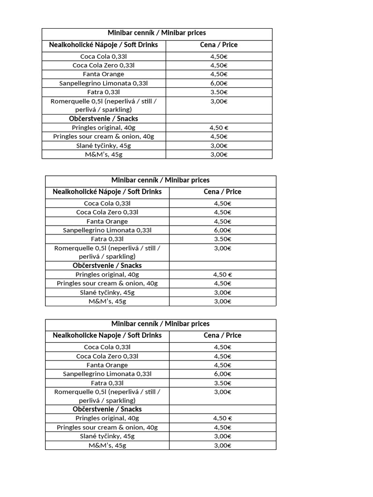 Minibar Price List for Snacks & Drinks | PDF