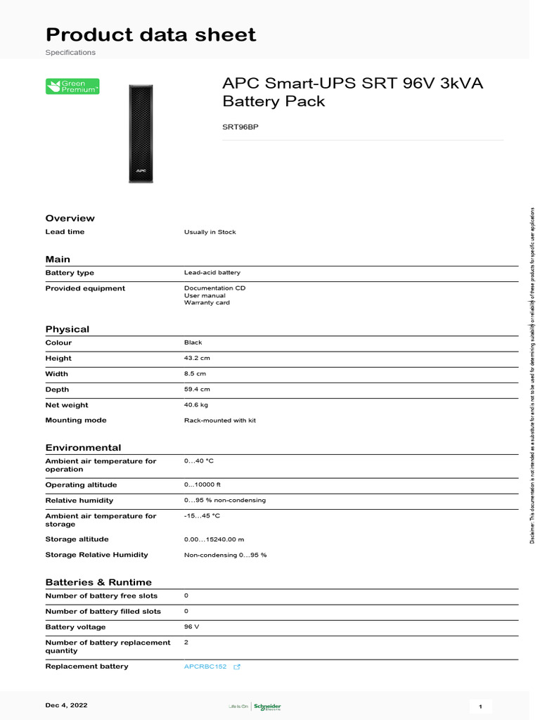 Smart-UPS Battery Systems - SRT96BP | PDF