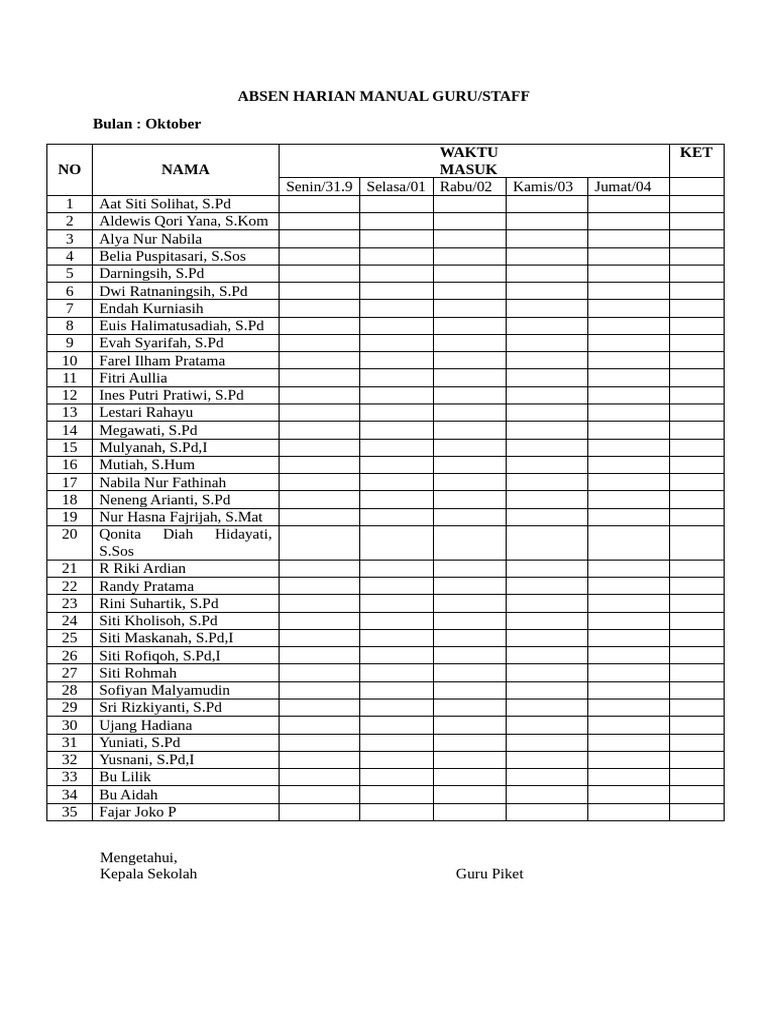 Absen Harian Manual Guru | PDF