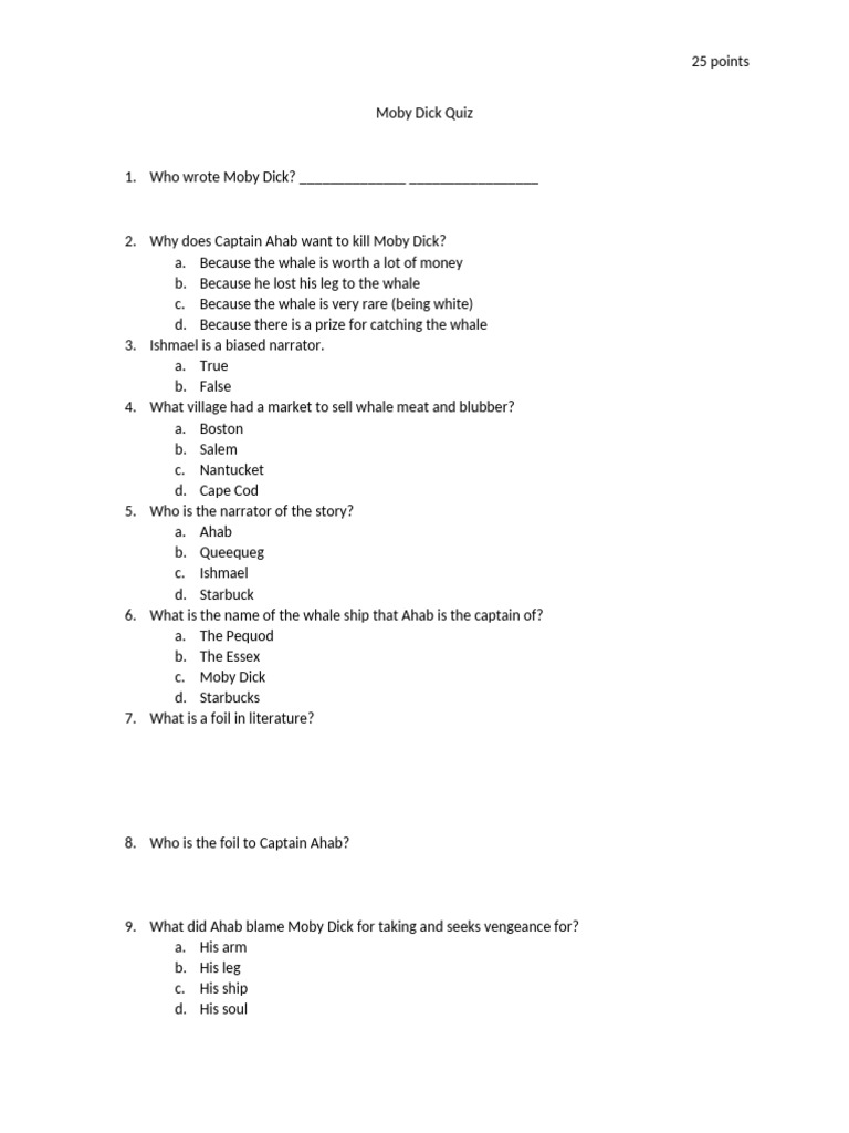 Quiz 10 Moby Dick Quiz | PDF