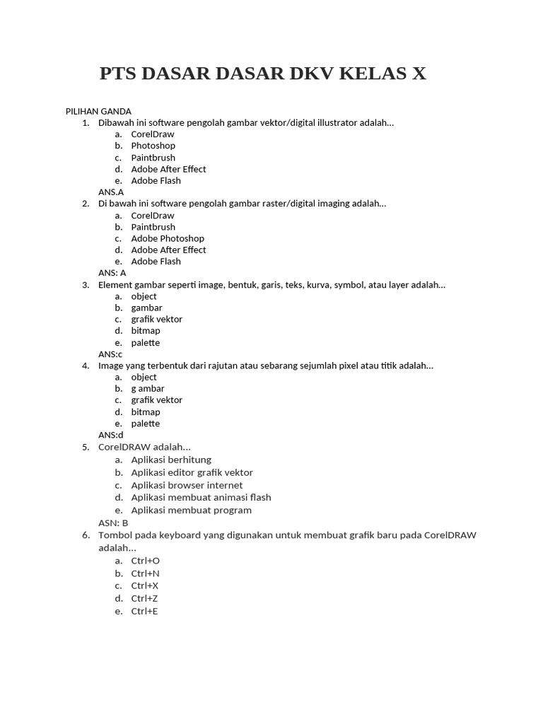 X DKV Soal PTS Kelas X Dasar Dasar DKV 2024 | PDF | Metode & Bahan Ajar | Komputer