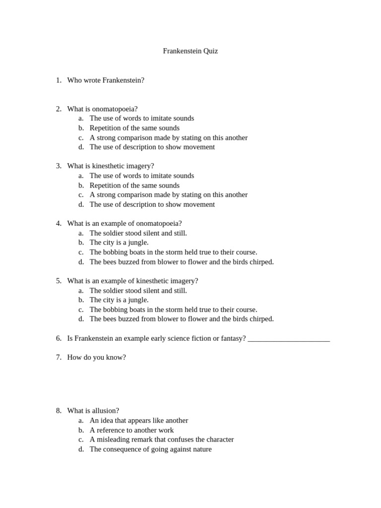 Quiz 6 Frankenstein Advanced | PDF