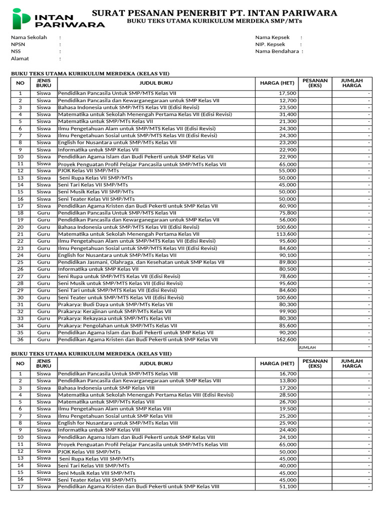 Surat Pesanan PT - Intan Pariwara SMP 2025 | PDF