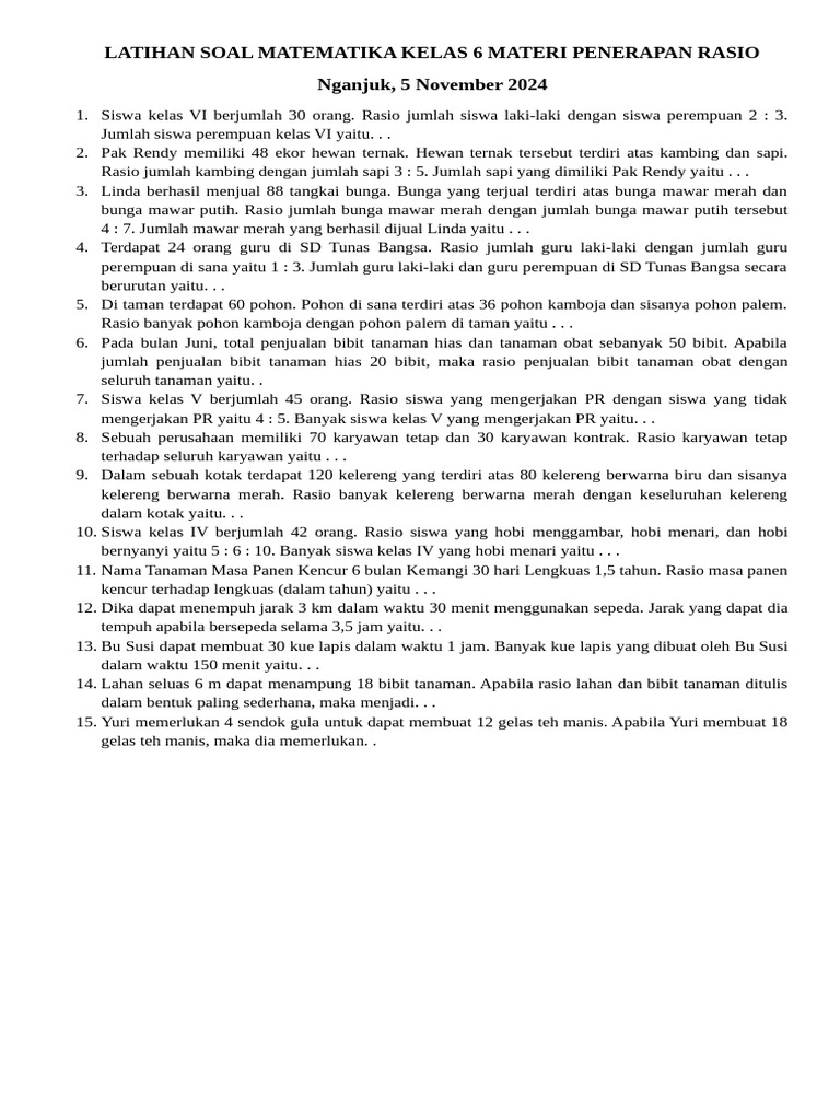 Latihan Soal Matematika Kelas 6 Materi Penerapan Rasio | PDF