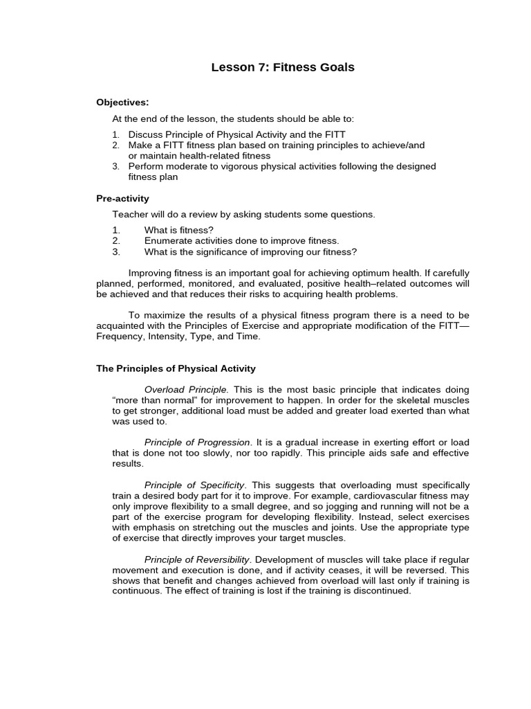 Lesson 7 Fitness Goals | PDF | Physical Fitness | Heart Rate