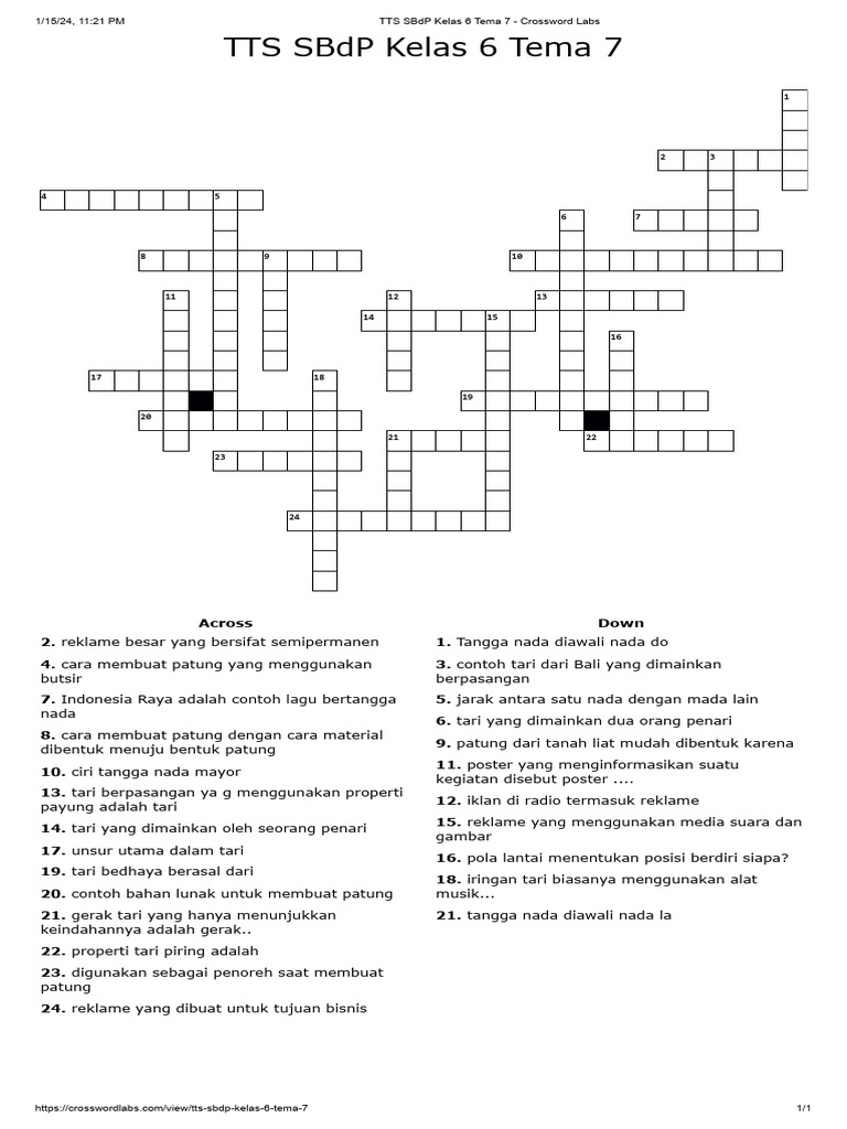 TTS SBDP Kelas 6 Tema 7 - Crossword Labs | PDF