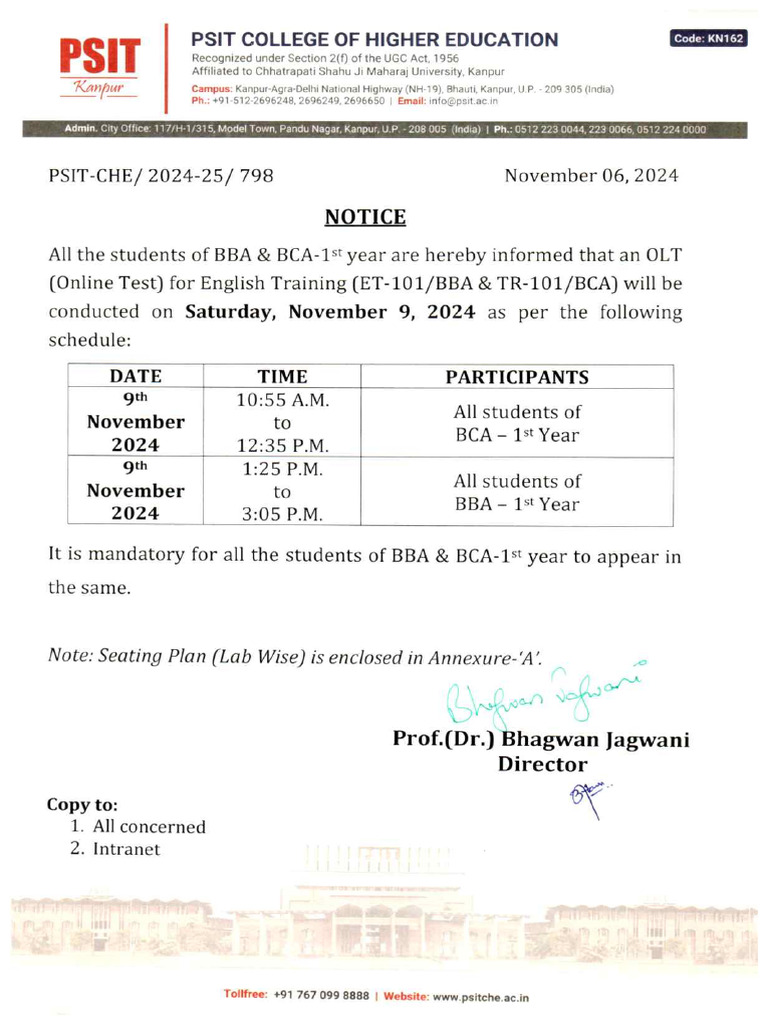 Online Test (OLT) of English Training For BBA & BCA I Year Students | PDF