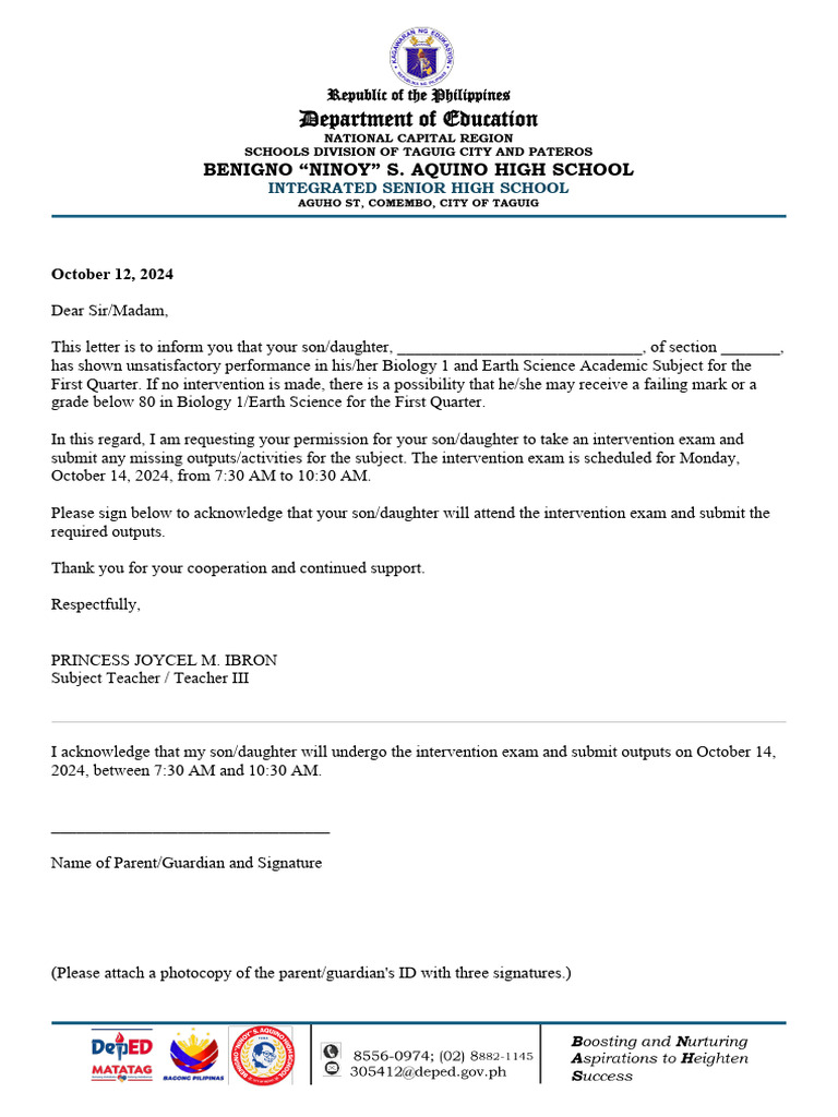 Parent Notification: Academic Intervention | PDF | Wellness