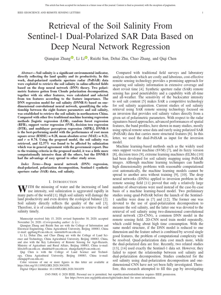 Retrieval of The Soil Salinity From Sentinel-1 Dual-Polarized SAR Data Based On Deep Neural ...