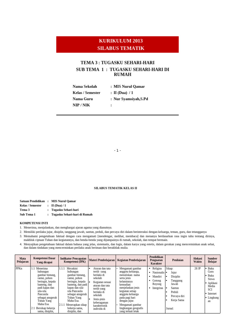 2.3. SILABUS TEMA 3 - Tugasku Sehari-Hari | PDF
