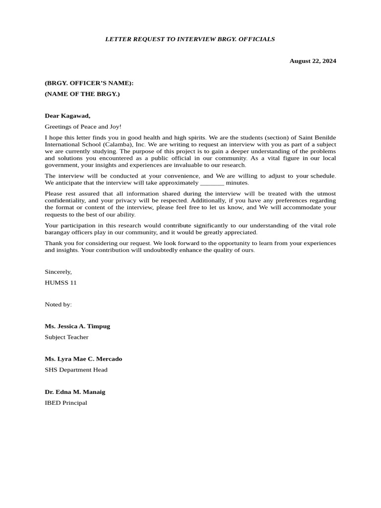 Letter Request To Interview Brgy | PDF | Career & Growth
