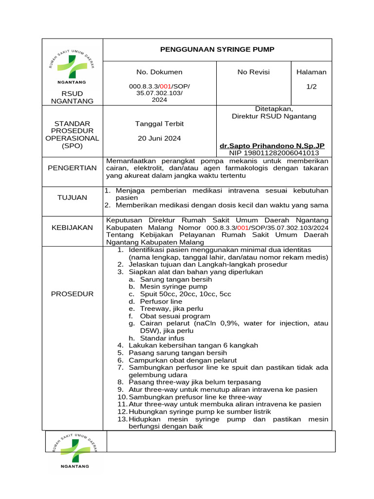 Sop Penggunaan Syringe Pump | PDF