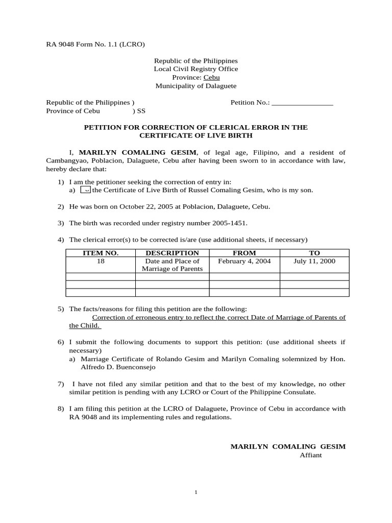01 - RA 9048 Petition For Correction of Clerical Error | PDF ...