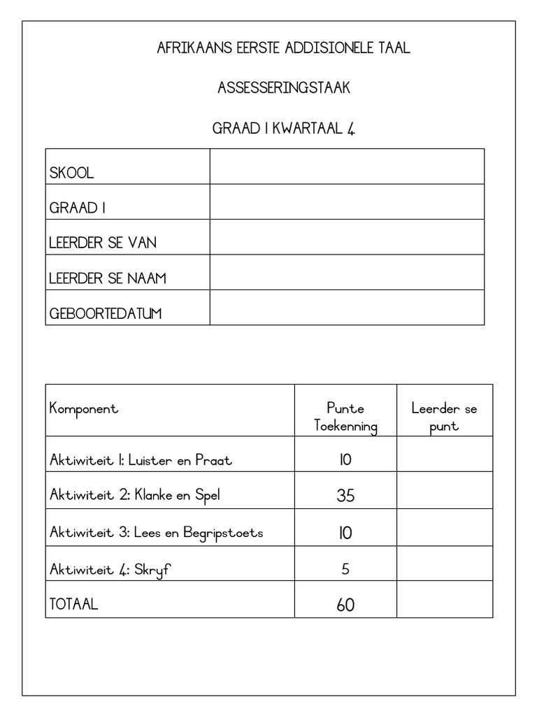 Assessment Task AFAL Grade 1 Term 4 | PDF