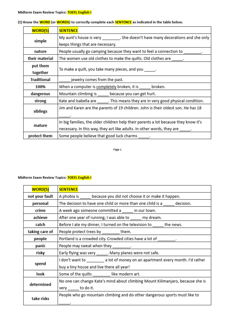 Midterm Exam Review Topics (TOEFL English I - Fall 2024) | PDF ...