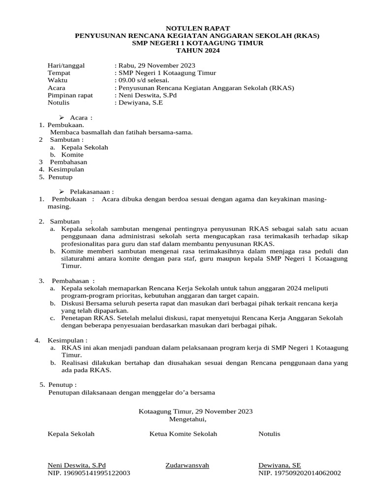 Notulen Rapat Rkas | PDF