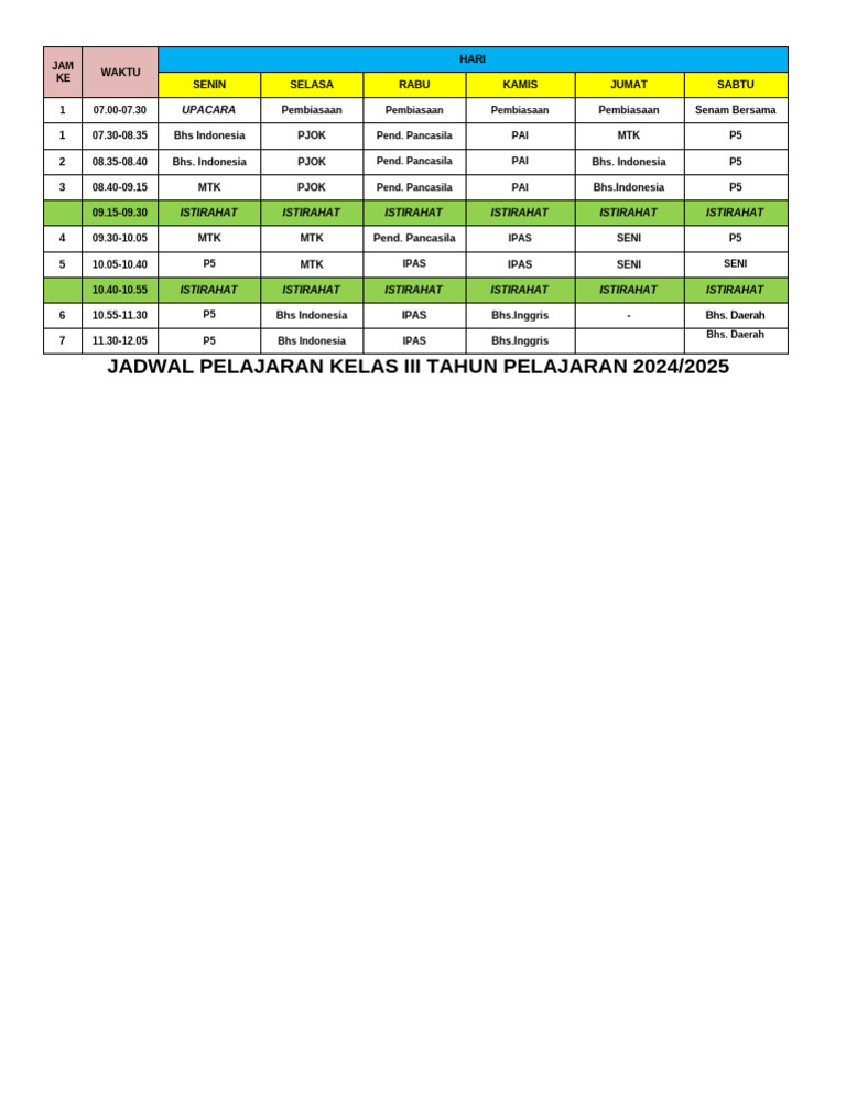 Jadwal Pelajaran Kelas 3 2024 2025 Pdf
