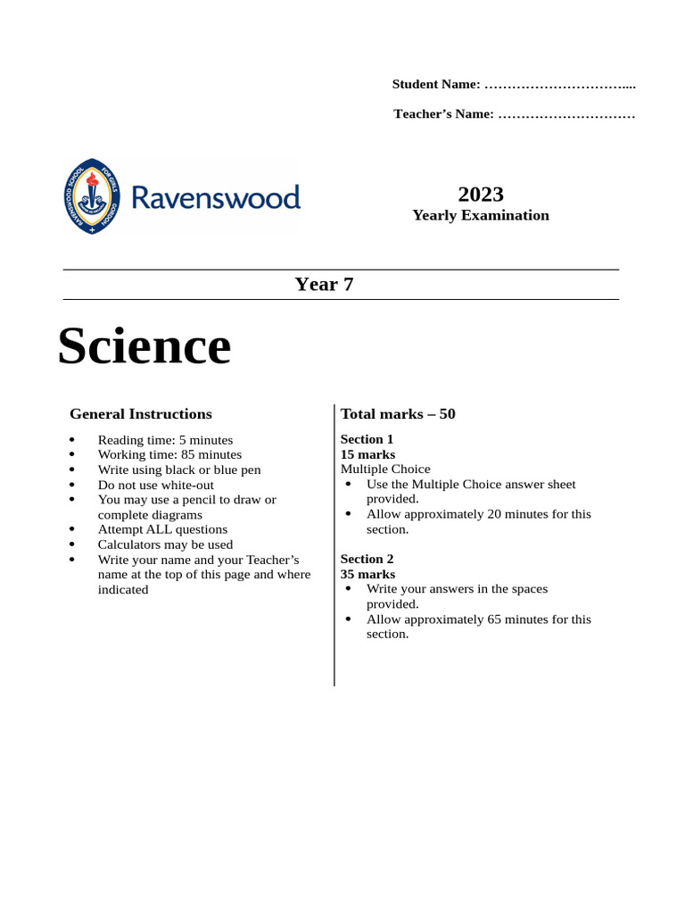 2023 Year 7 Science Yearly Exam | PDF | Mangrove | Gases