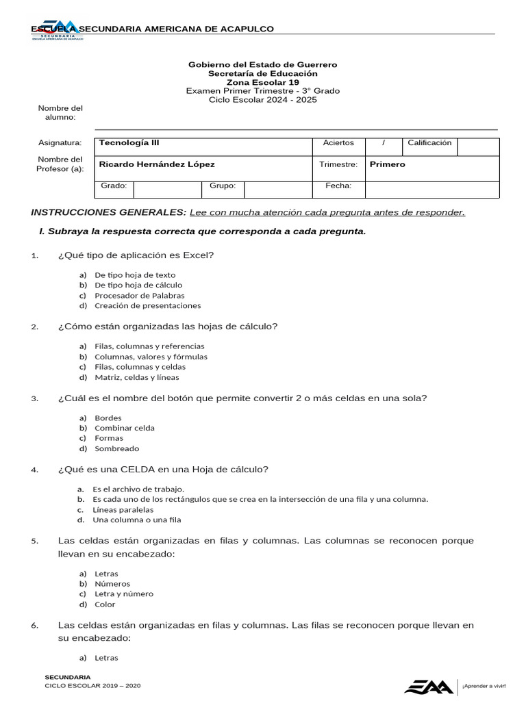 Examen Excel 3° - Primer Trimestre | PDF | Hoja de cálculo | Microsoft Excel