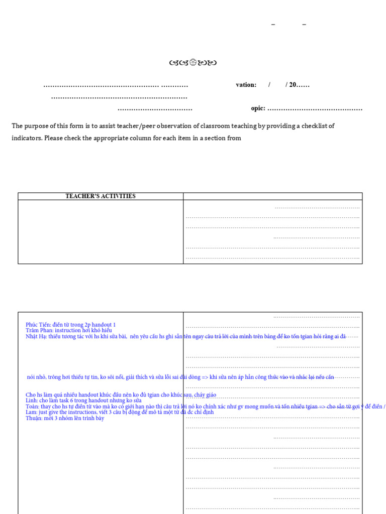 Classroom Observation Checklist Form | PDF | Nonverbal Communication ...