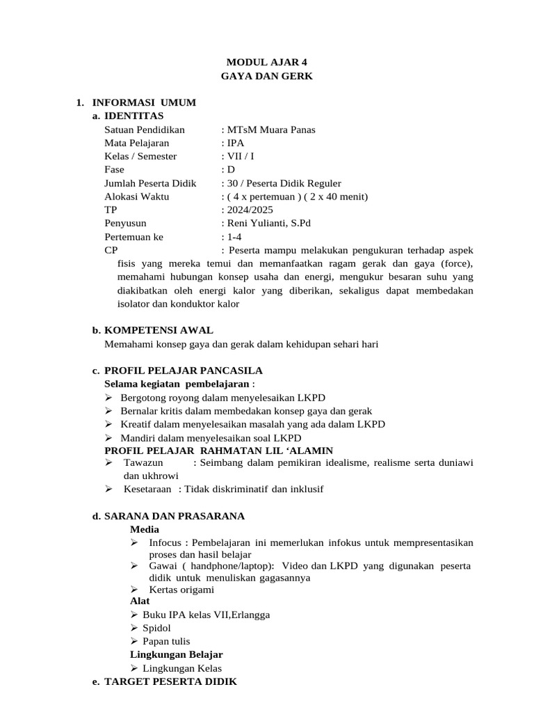 MODUL AJAR Gaya Dan Gerak New | PDF