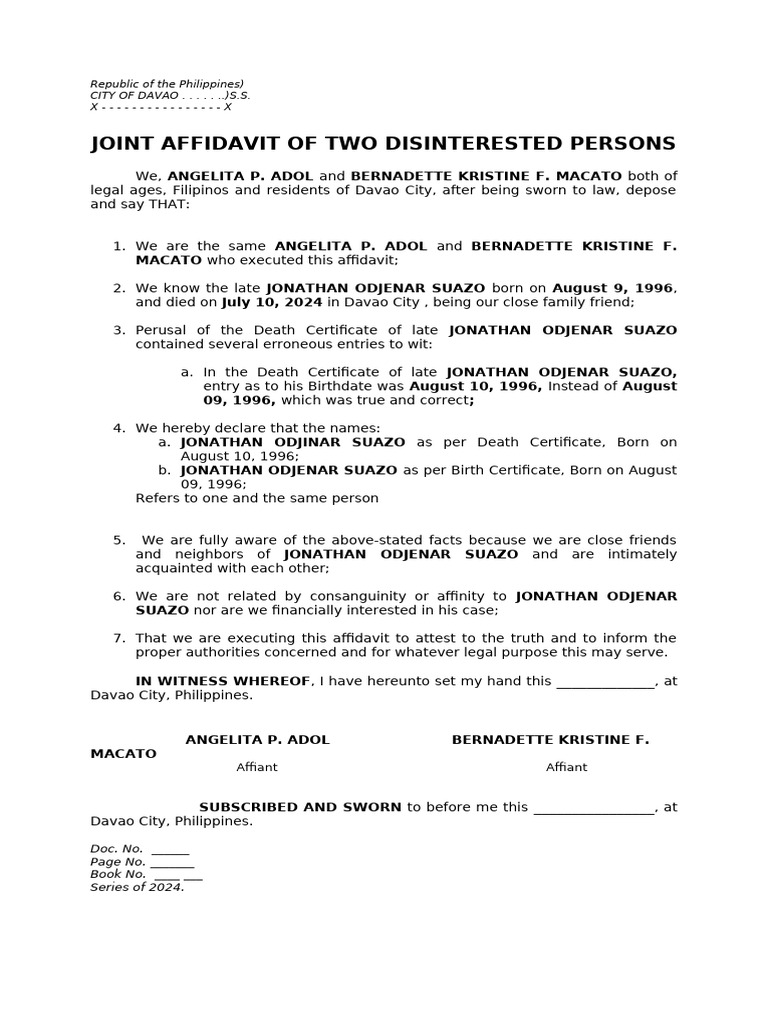 Affidavit of 2 Disinterested Person | PDF