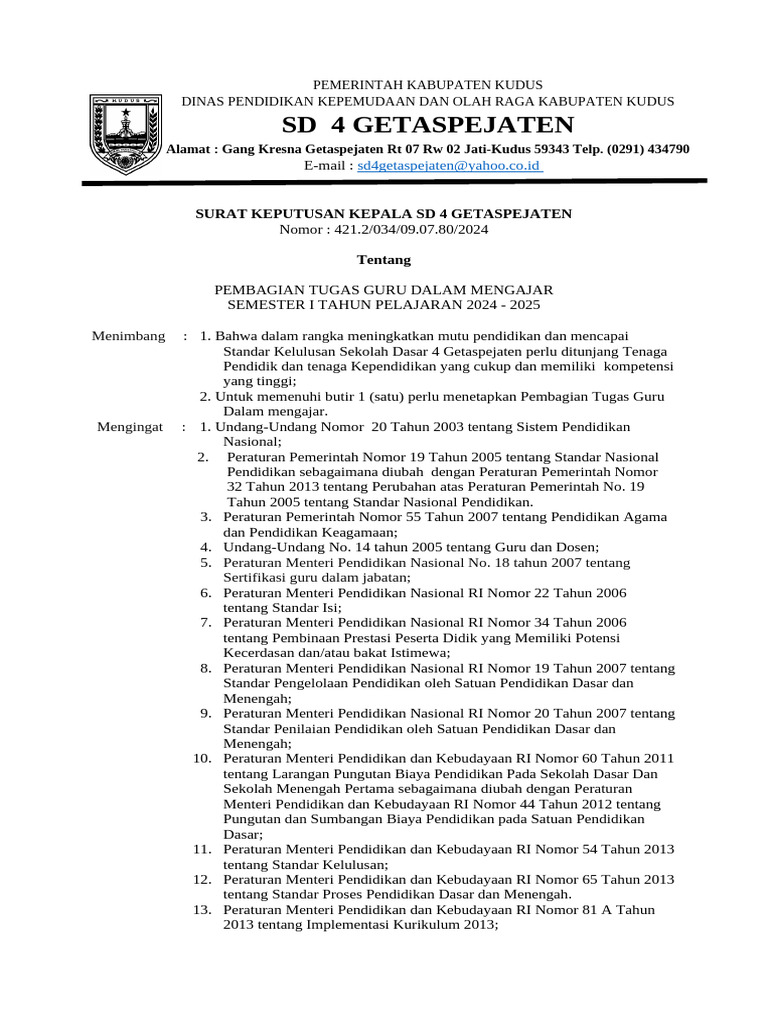 Pembagian Jam Mengajar 2024-2025 | PDF