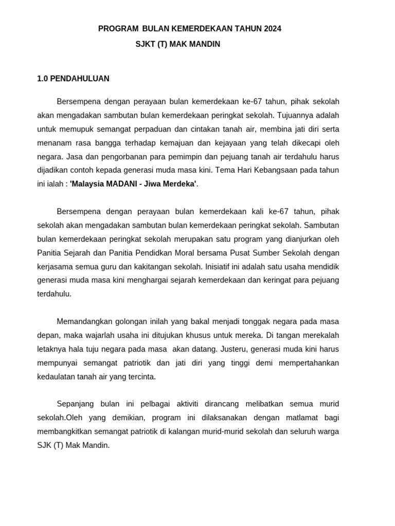 Kertas Kerja Sambutan Bulan Kemerdekaan 2024 | PDF