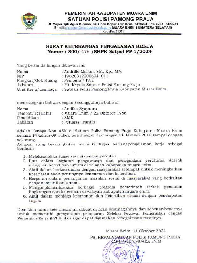 Suket Pengalaman Kerja Andika | PDF