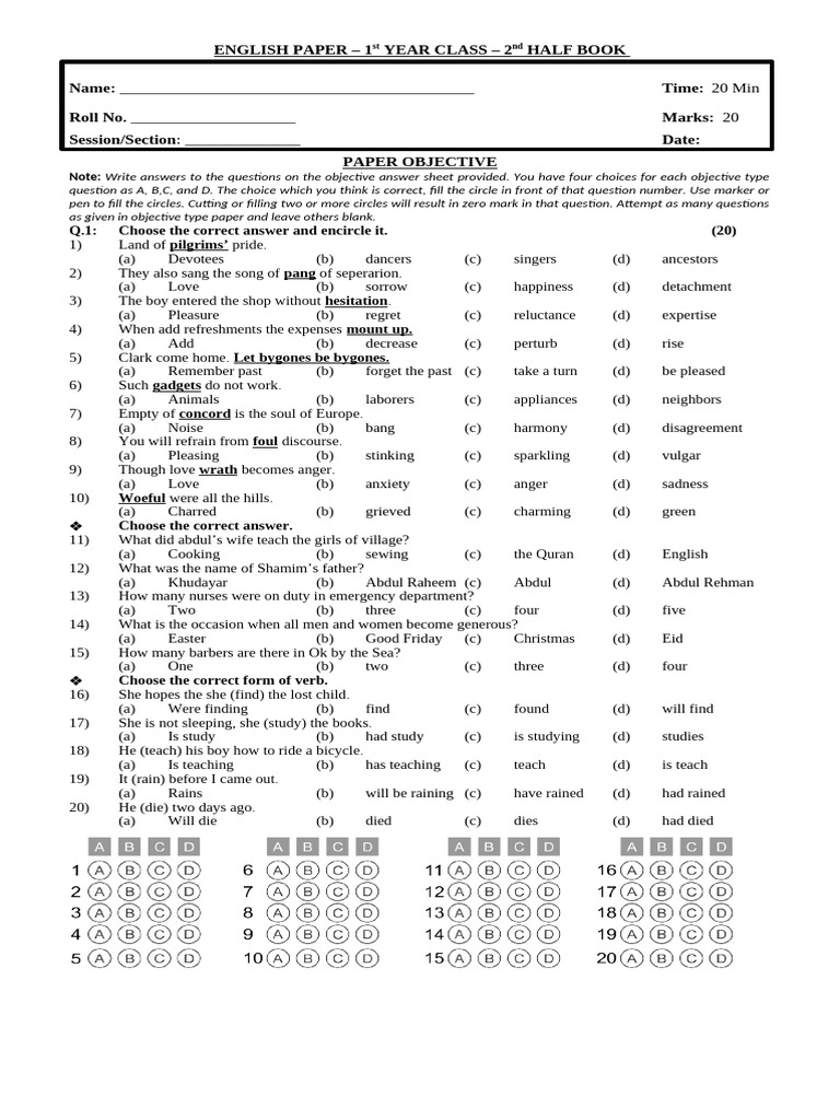 English Paper 1st Year Objective & Subjective | PDF
