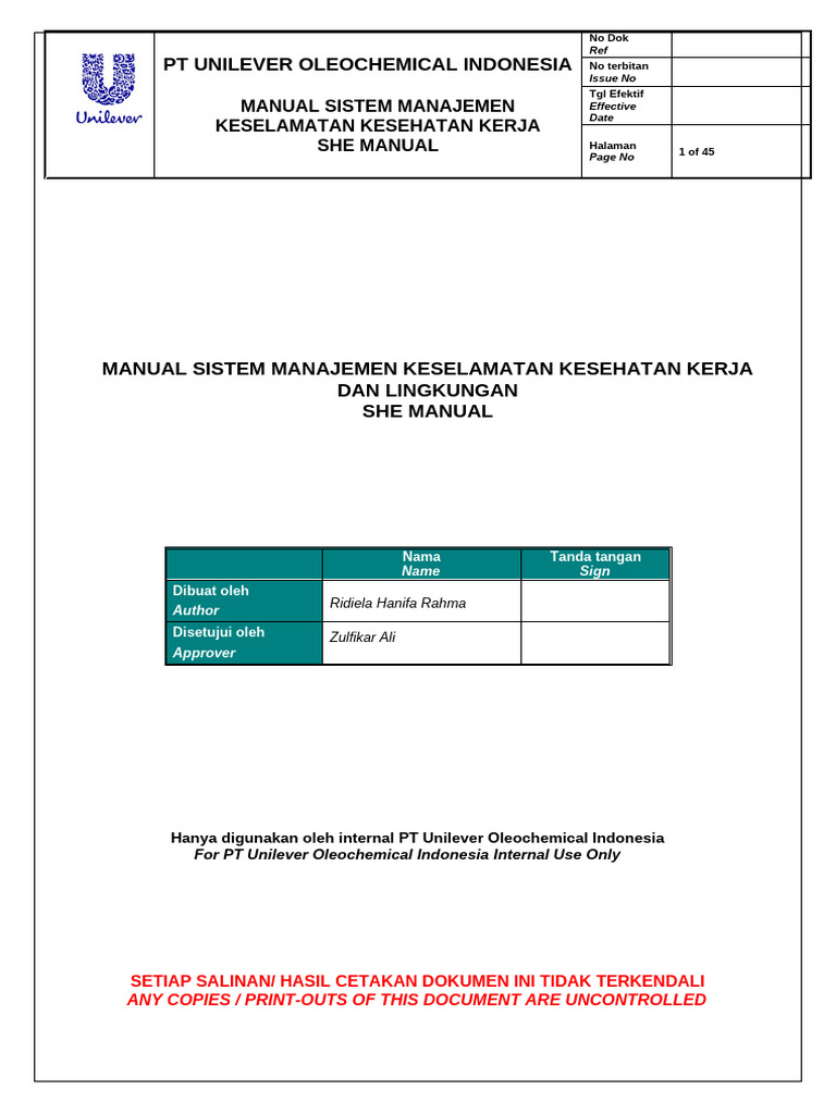Manual SHE Unilever Oleochemical | PDF